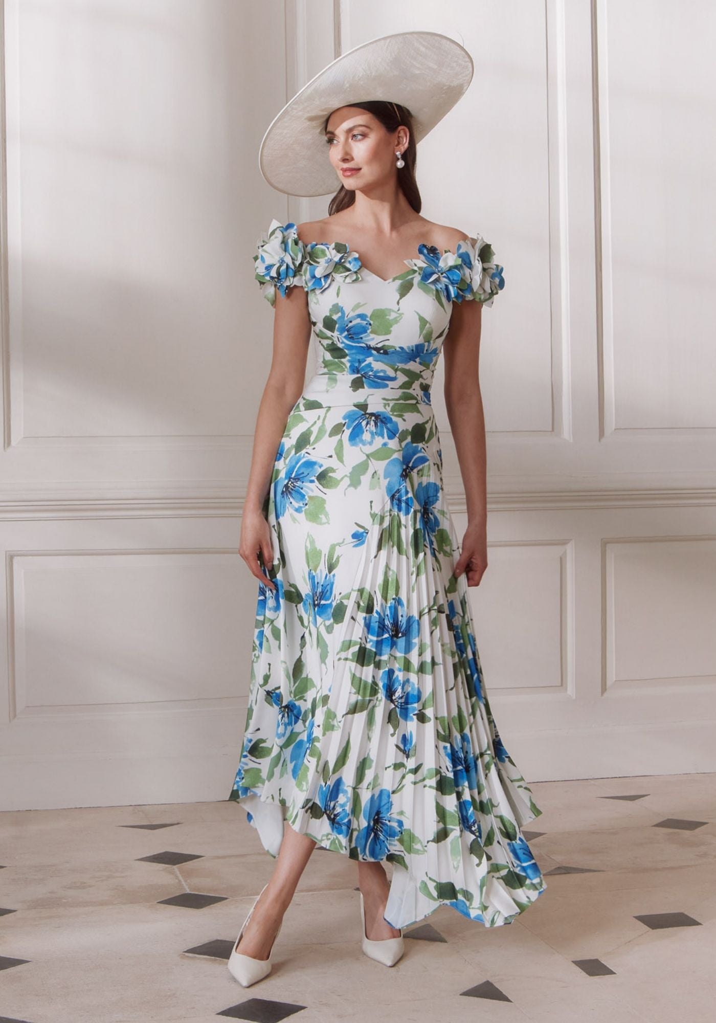 66764 Off-the-Shoulder Crepe Dress with Floral Cutwork & Pleated Skirt ...